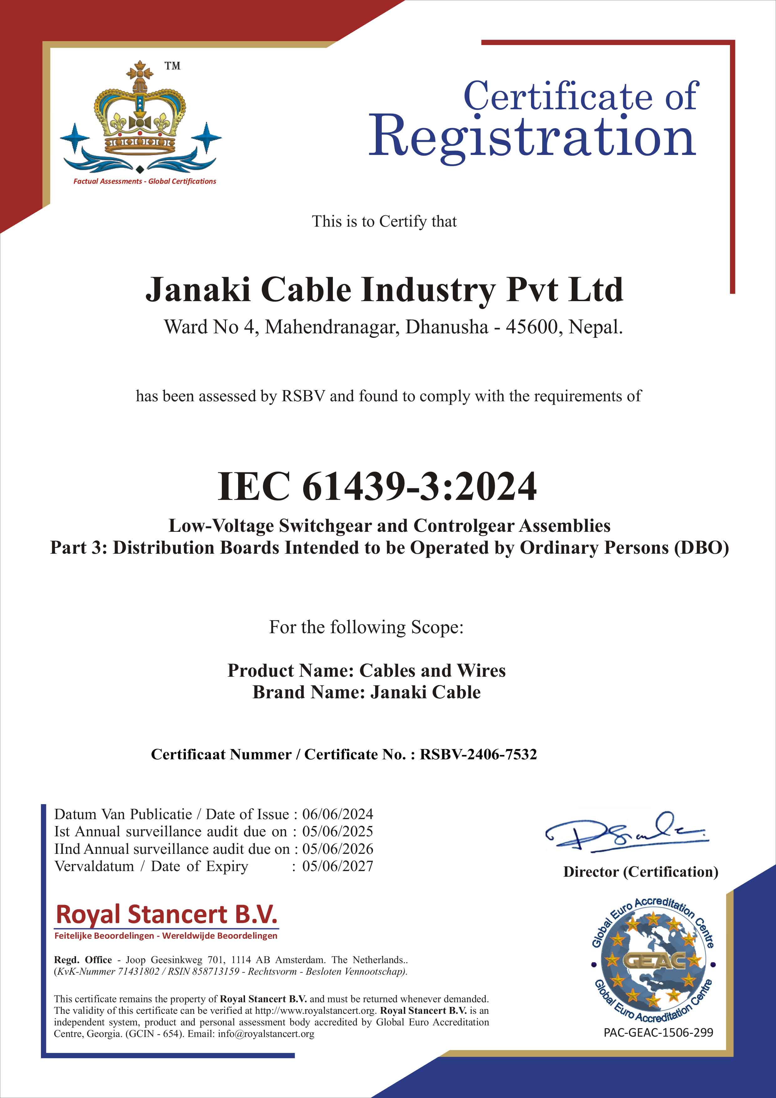 Certifications - ISO, EU Certified etc. - Janaki Cable Industries