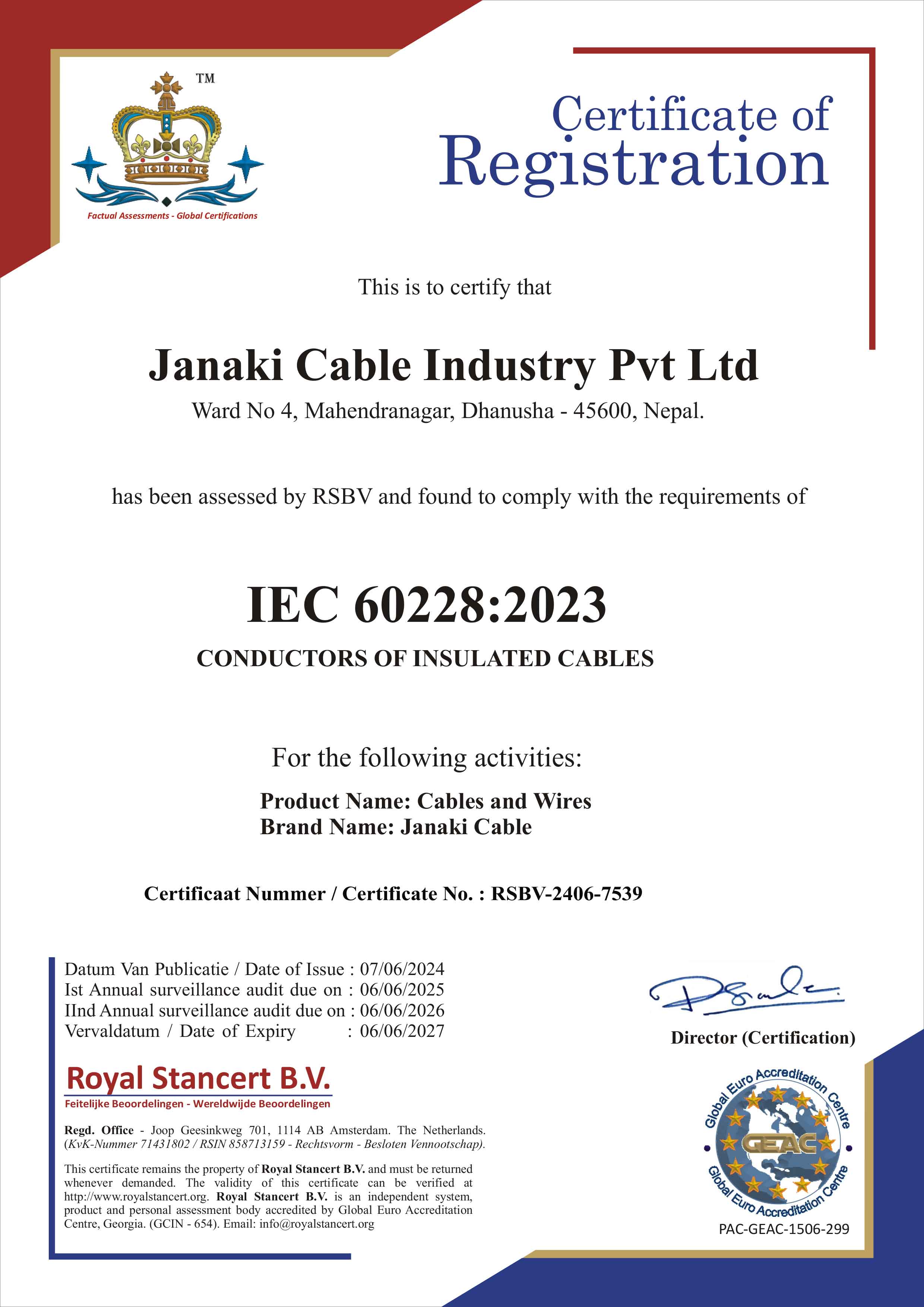 Certifications - ISO, EU Certified etc. - Janaki Cable Industries
